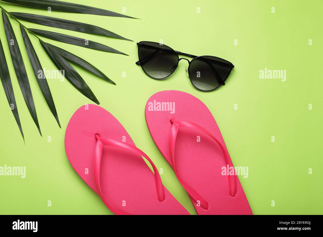 Stylish pink flip flops, sunglasses and palm leaf on light green ...