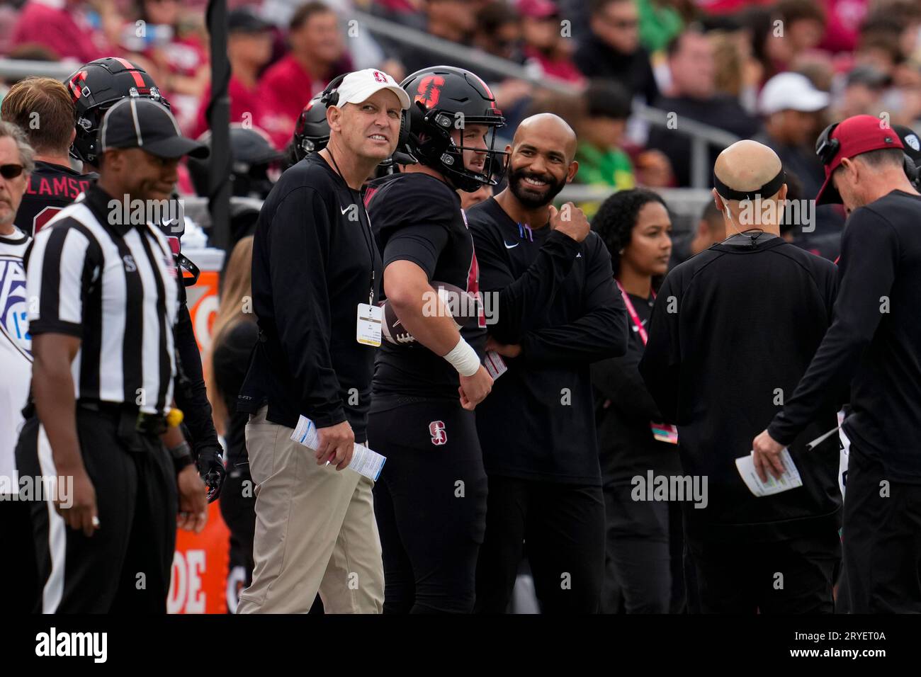 Stanford head coach Troy Taylor, left, watches from the sideline during ...