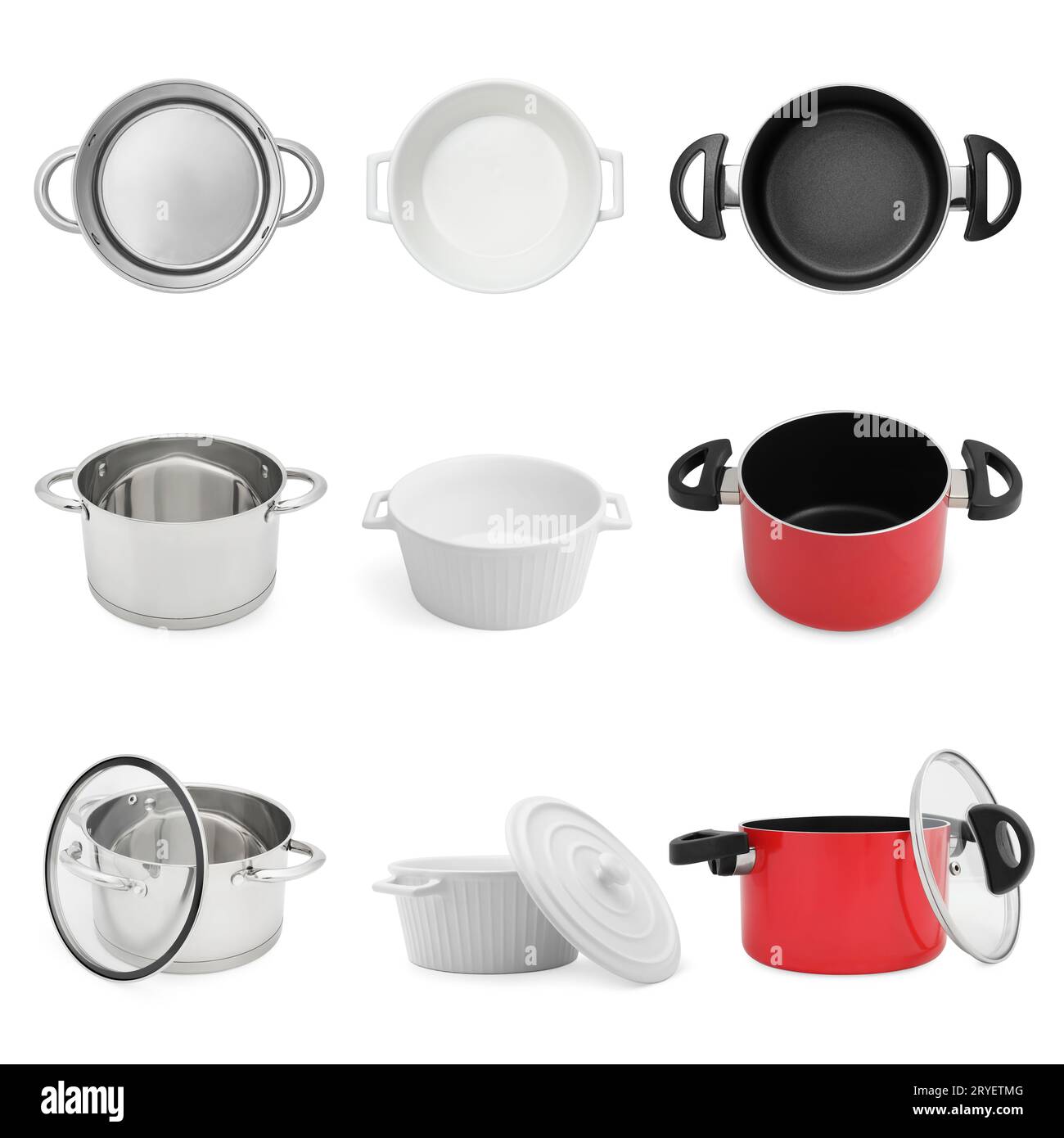 Set with different pots isolated on white Stock Photo - Alamy
