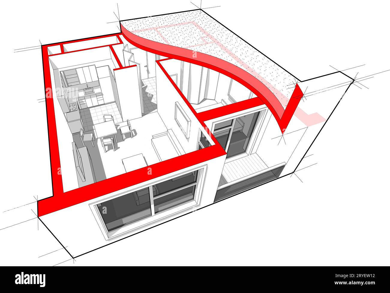 Perspective cutaway diagram of a one bedroom apartment completely ...