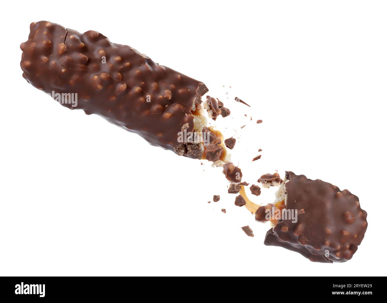Broken chocolate bar with yummy caramel in air on white background ...