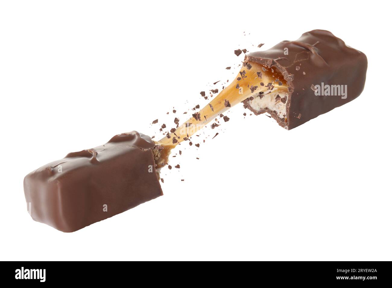 Broken chocolate bar with yummy caramel in air on white background ...