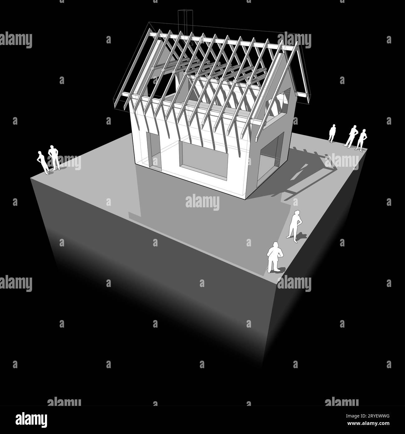 Construction of simple detached house with wooden roof framework ...