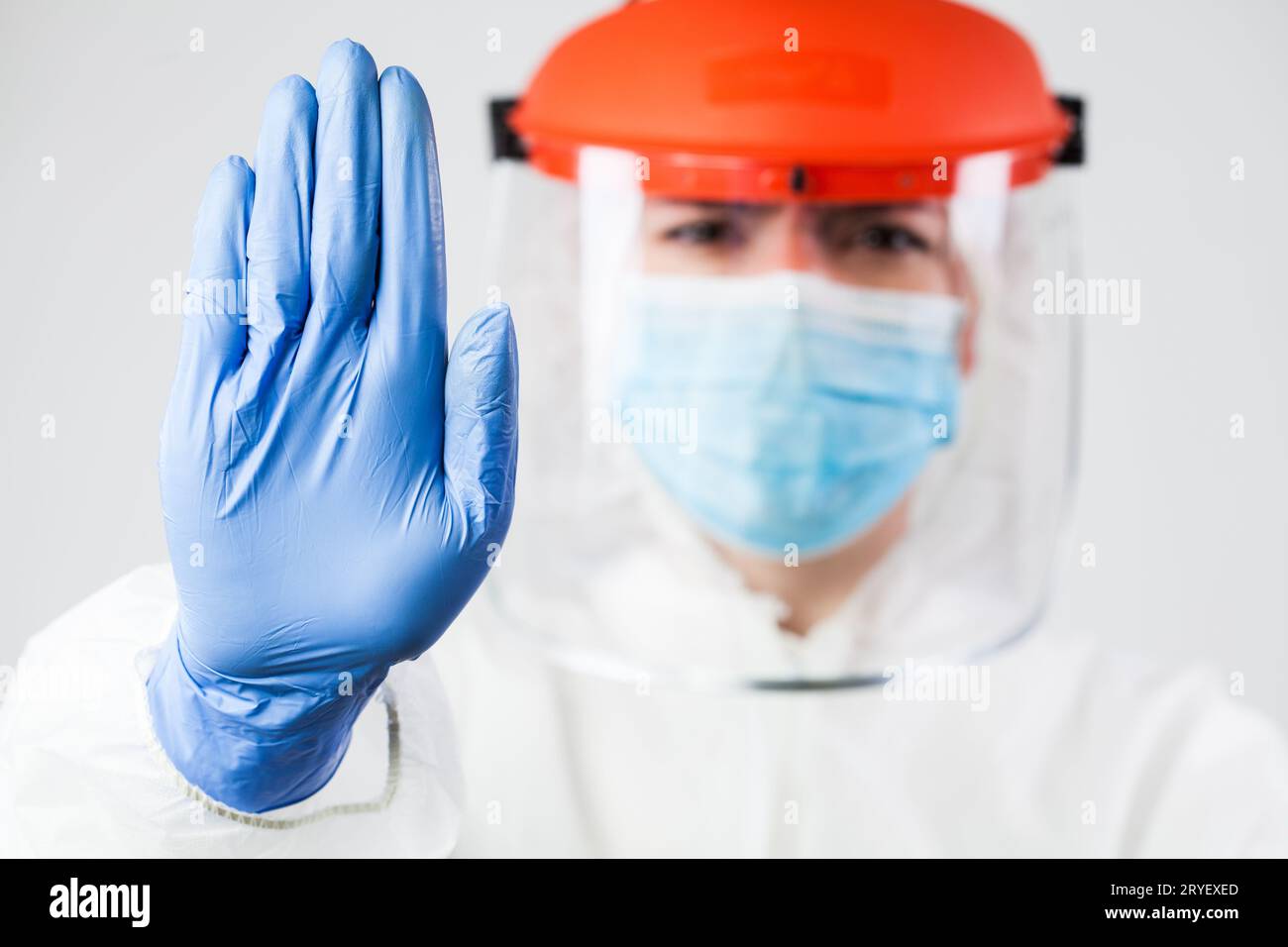Lab scientist EMS ICU doctor wearing N95 biohazard PPE protective suit ...