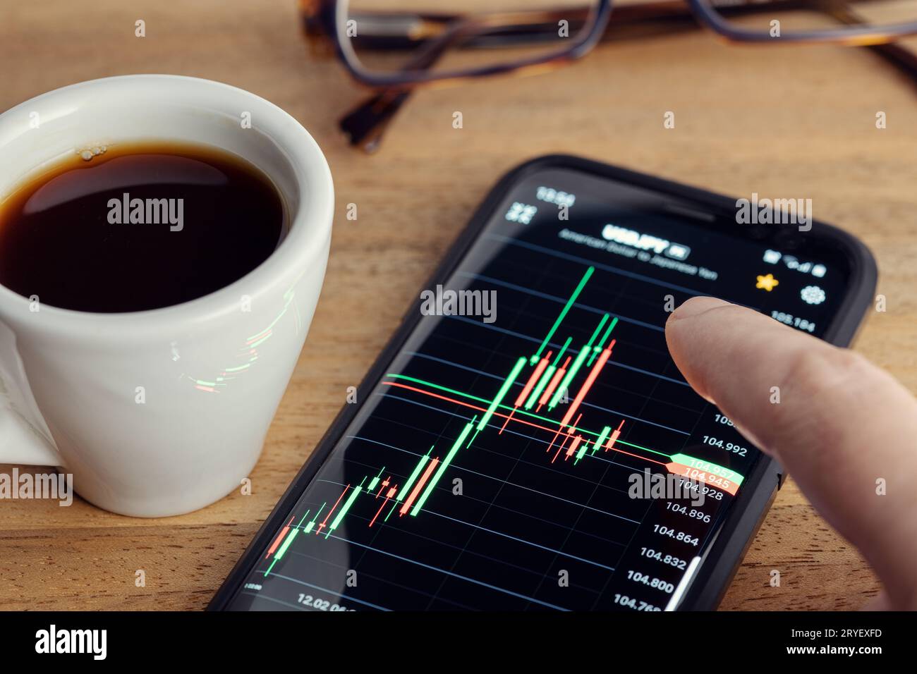 Stock market trading on portable device concept. Finger touching a ...