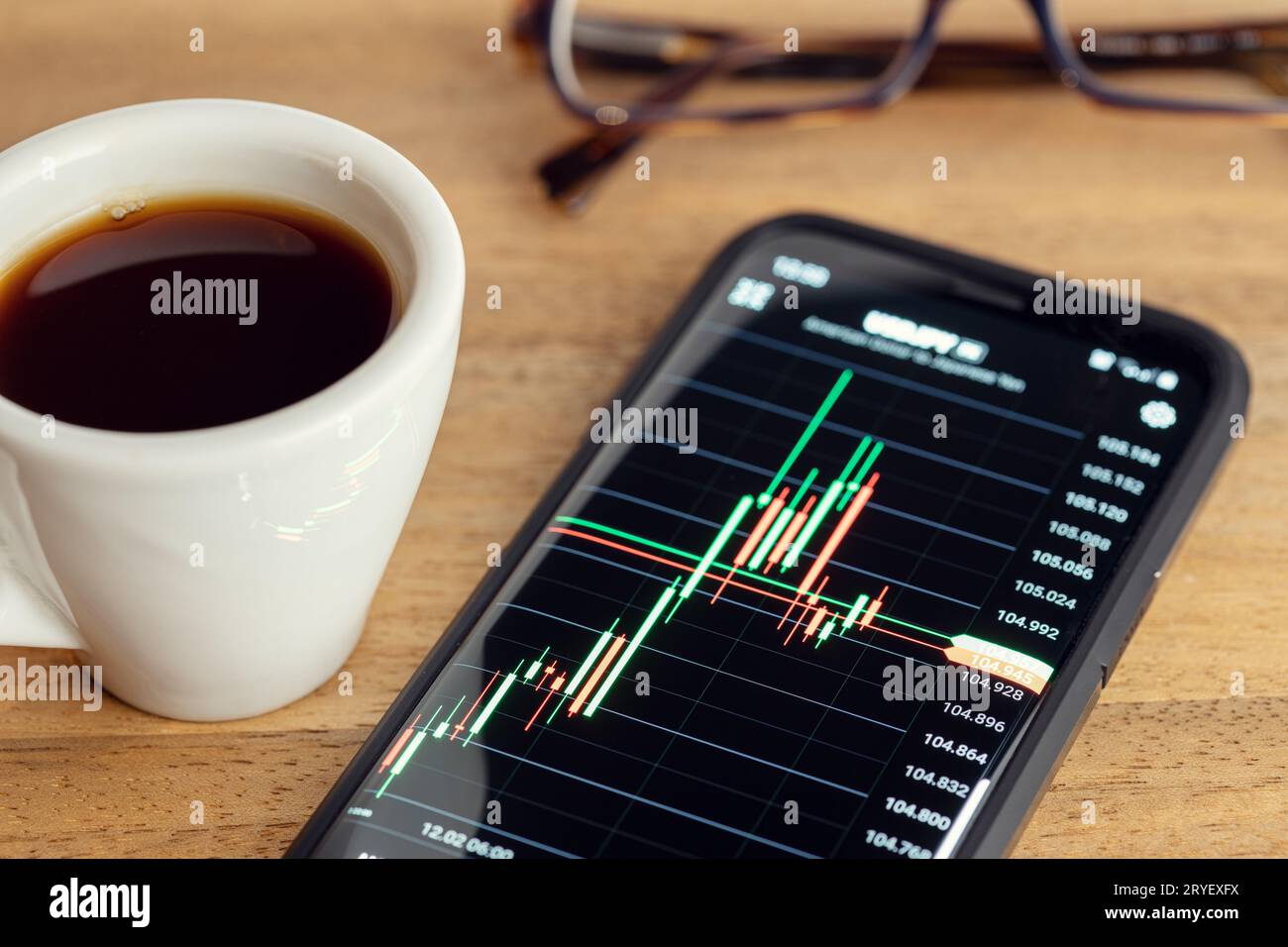 Stock market trading on portable device concept. Chart on smart phone ...