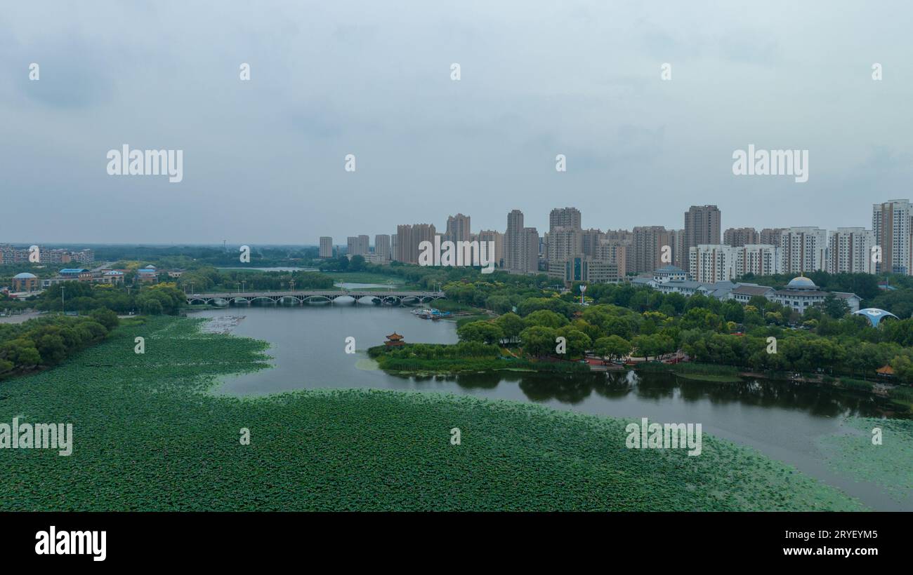 Aerial photography of waterfront city scenery in North China Stock ...