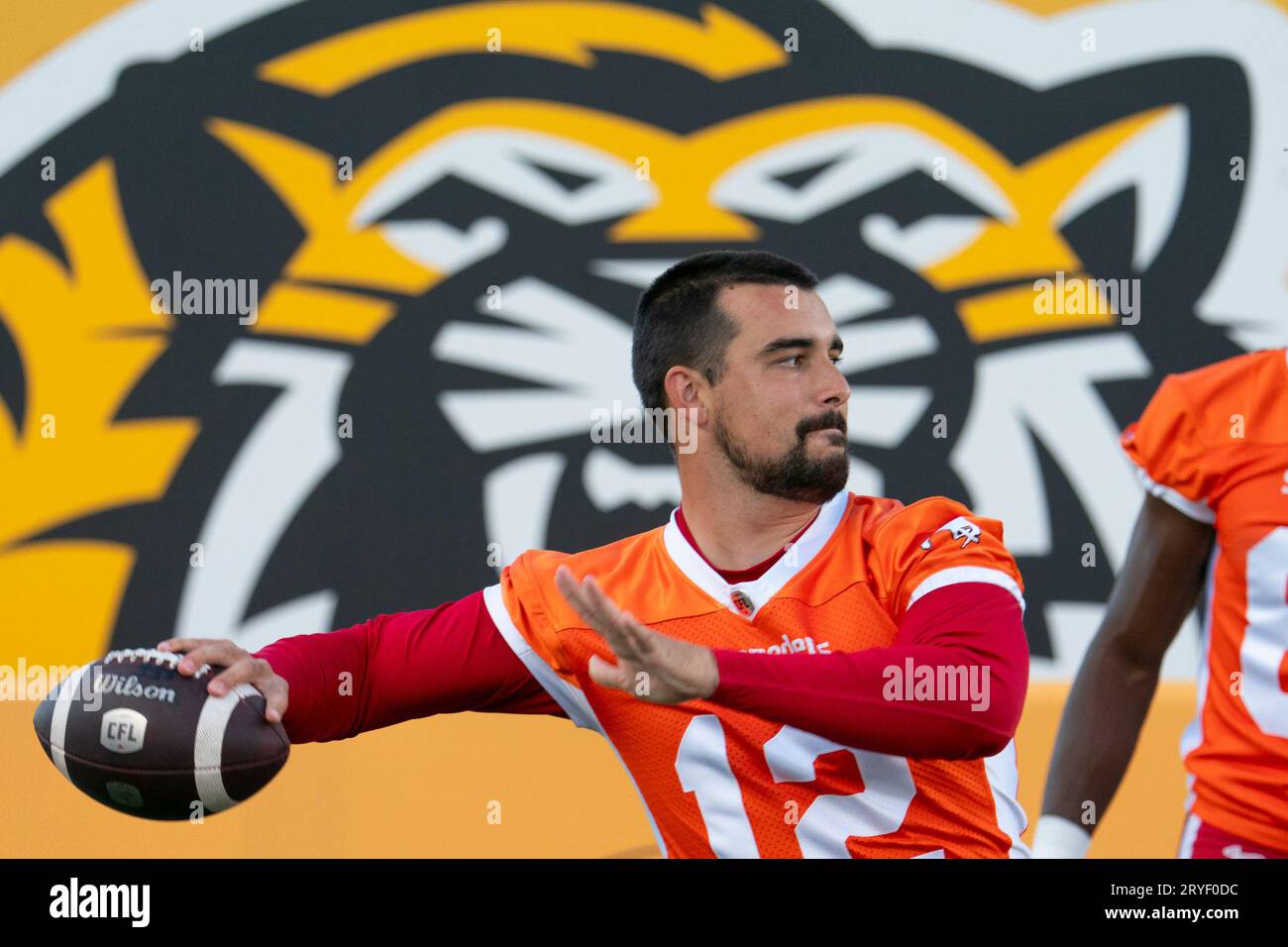 Calgary Stampeders quarterback Jake Maier warms up prior to a of a ...