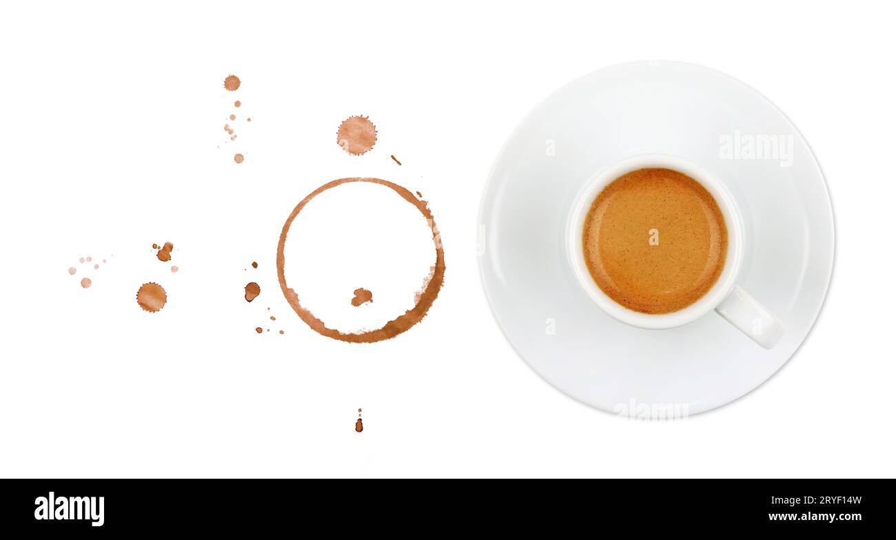 Coffee cup, stains and drops on white background Stock Photo - Alamy