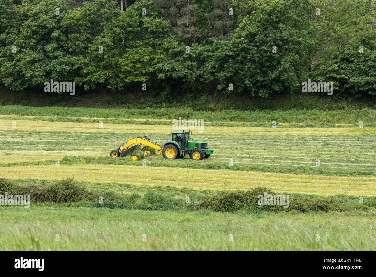 Beautiful rural scene of a tractor and machinery harvesting cut grass ...