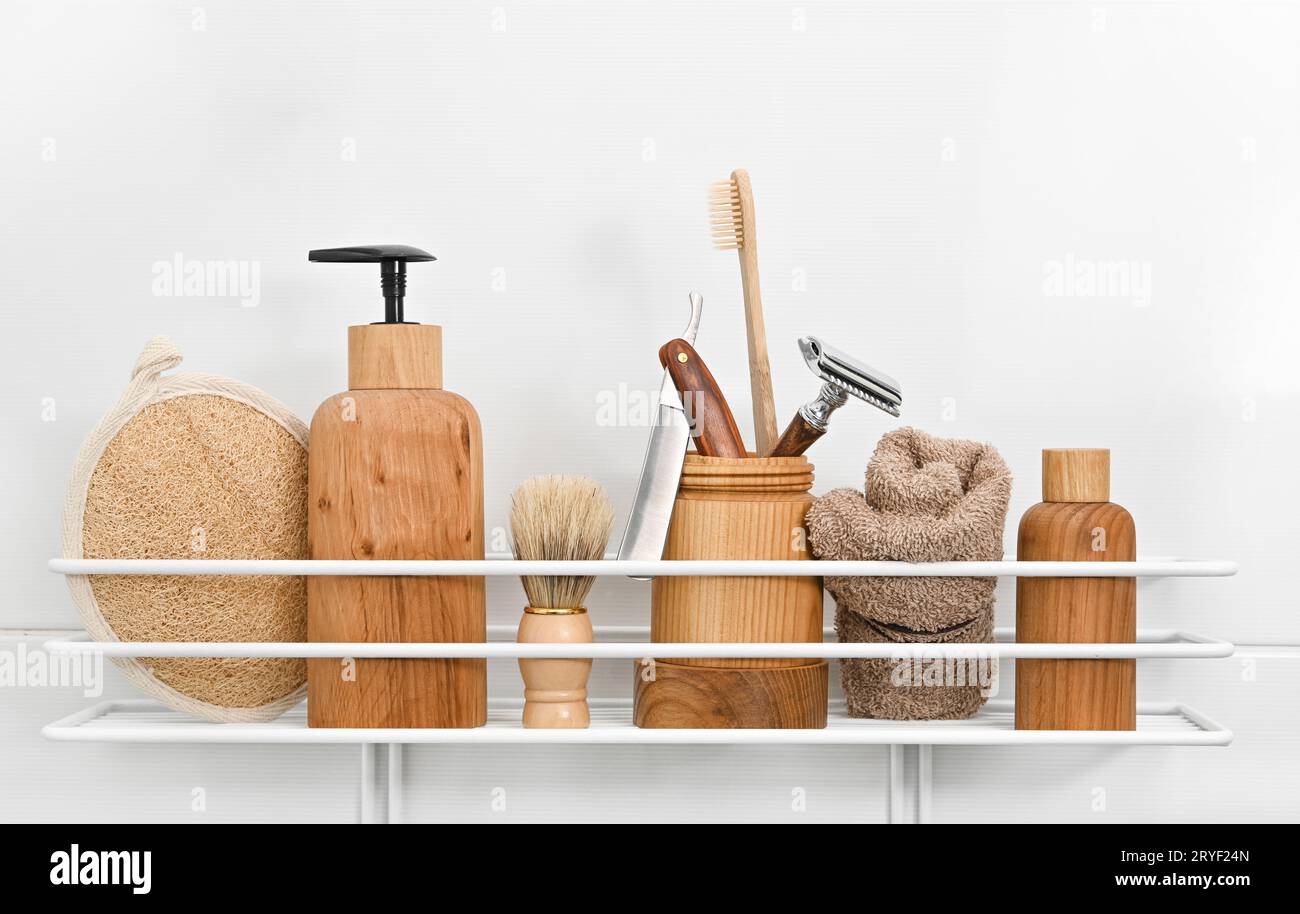 Wooden bottles of grooming care products in bath Stock Photo - Alamy