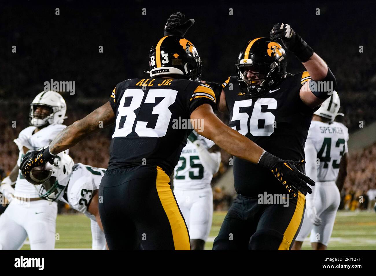 Iowa tight end Erick All (83) celebrates with teammate offensive ...