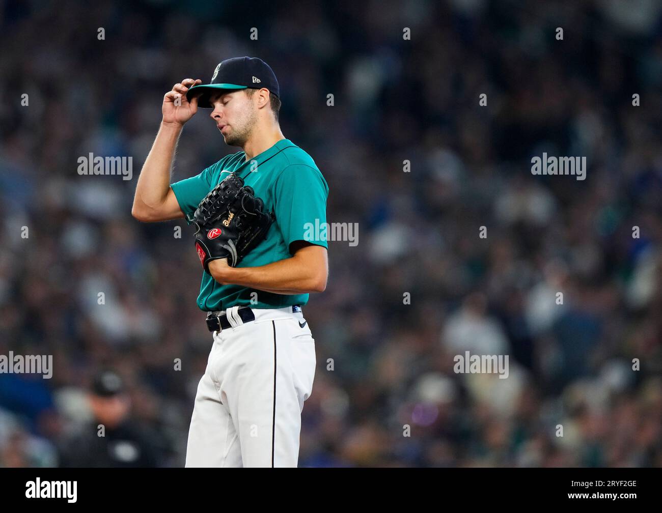 Seattle Mariners relief pitcher Matt Brash reacts after allowing a run ...