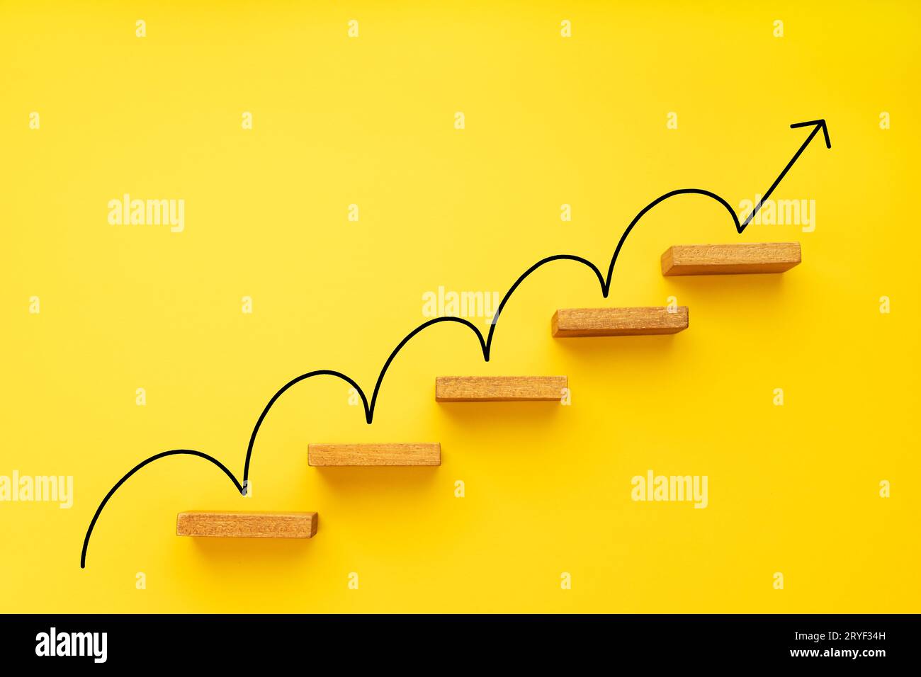 Rising arrow on staircase on yellow background. Growth, increasing ...