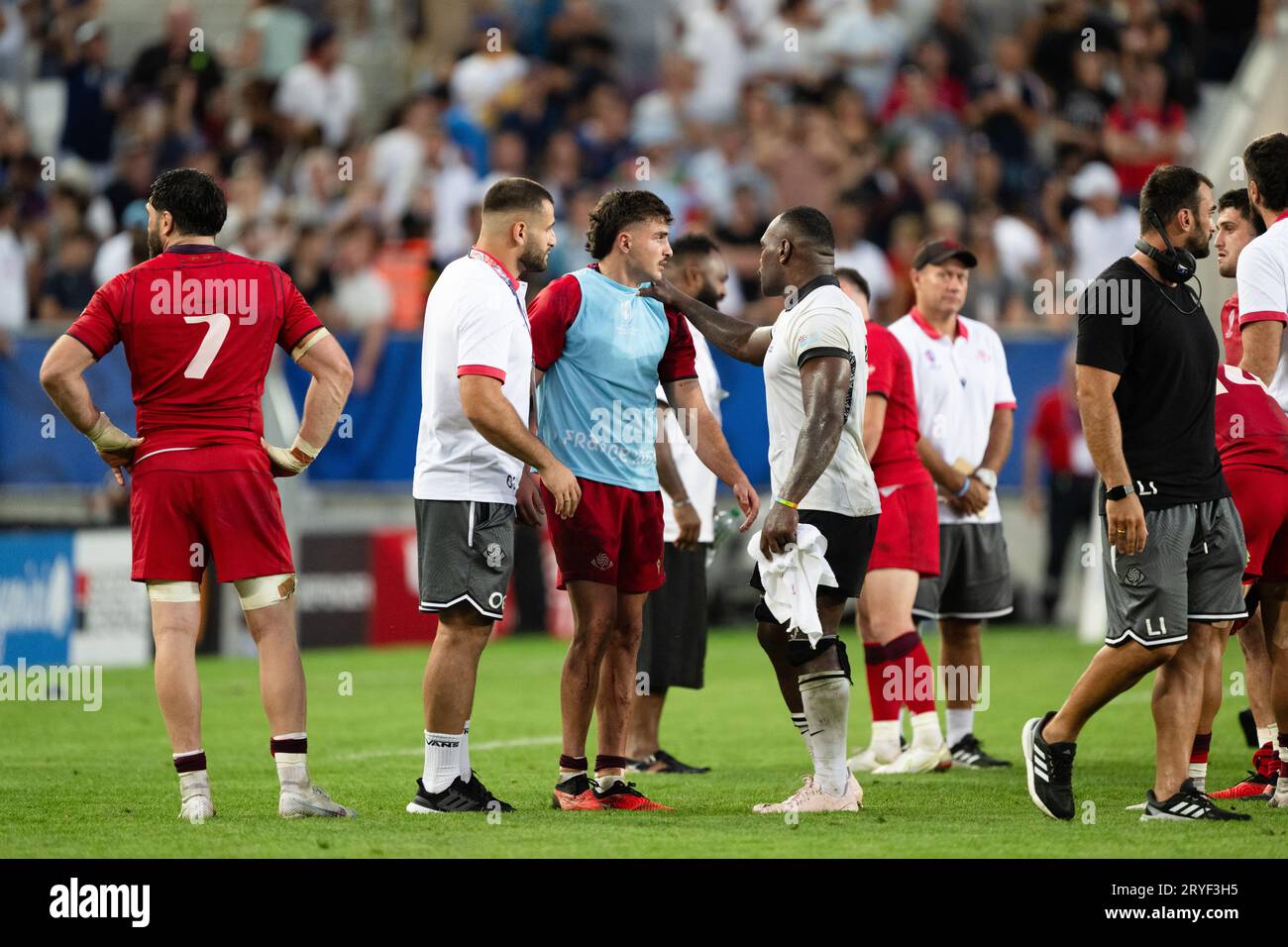 (L-R) Davit Niniashvili(GEO), Levani Botia (FIJ) after the 2023 Rugby ...