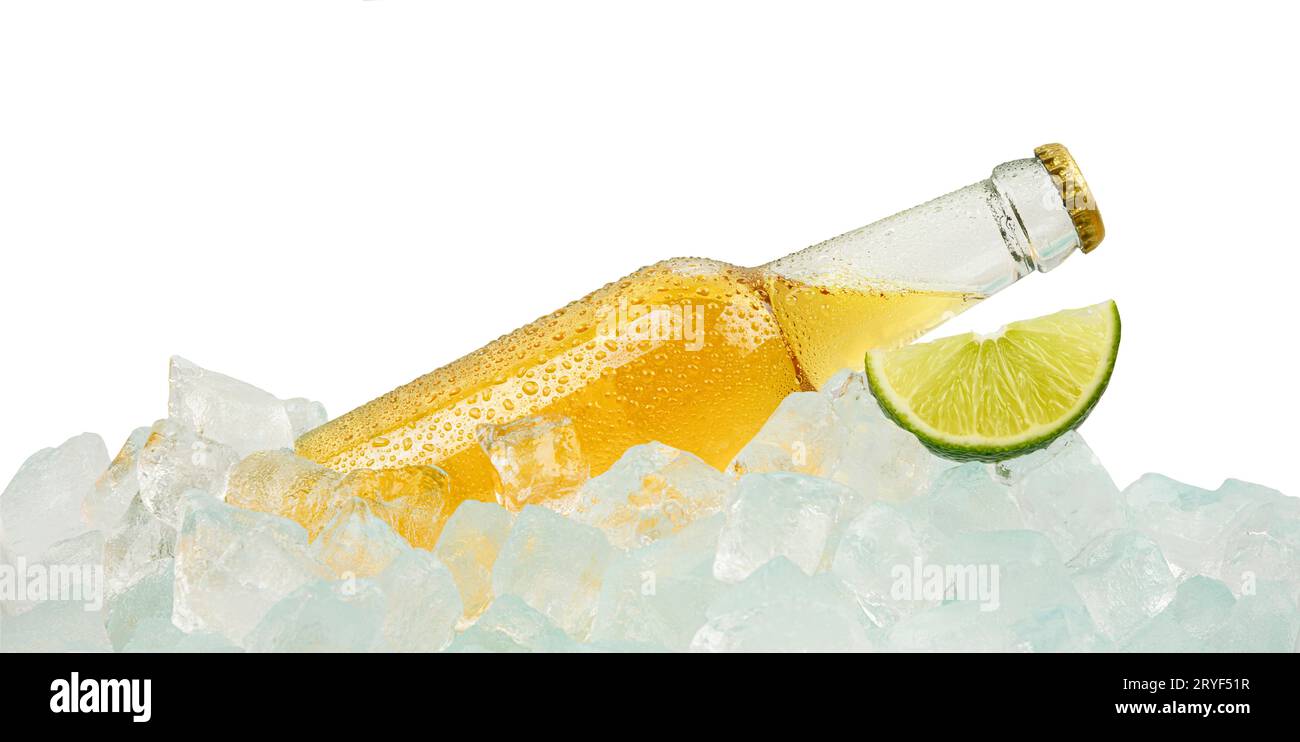 One bottle of cold lager beer on ice cubes Stock Photo - Alamy