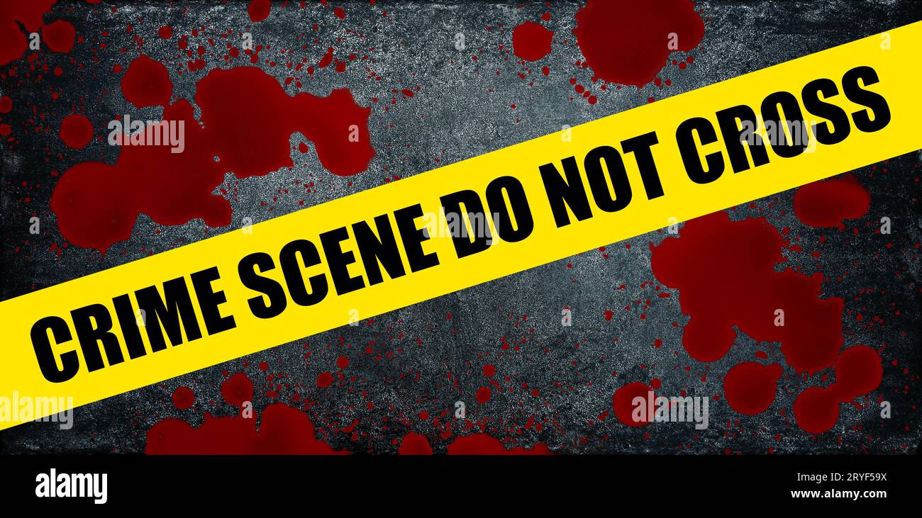 Yellow police barricade tape over blood stains Stock Photo - Alamy