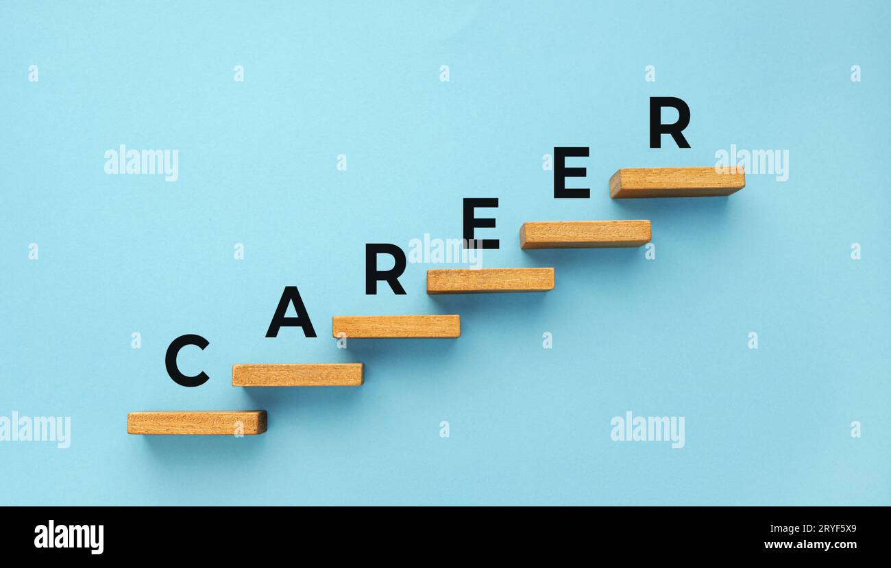 Career word on staircase on blue background. Increasing business ...