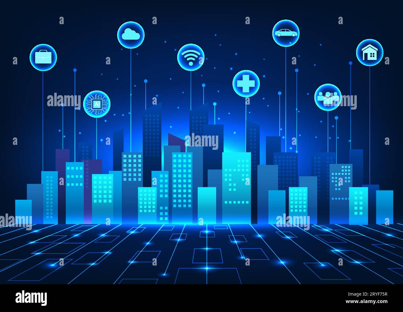Smart city technology On top of the city there are interconnected icons ...