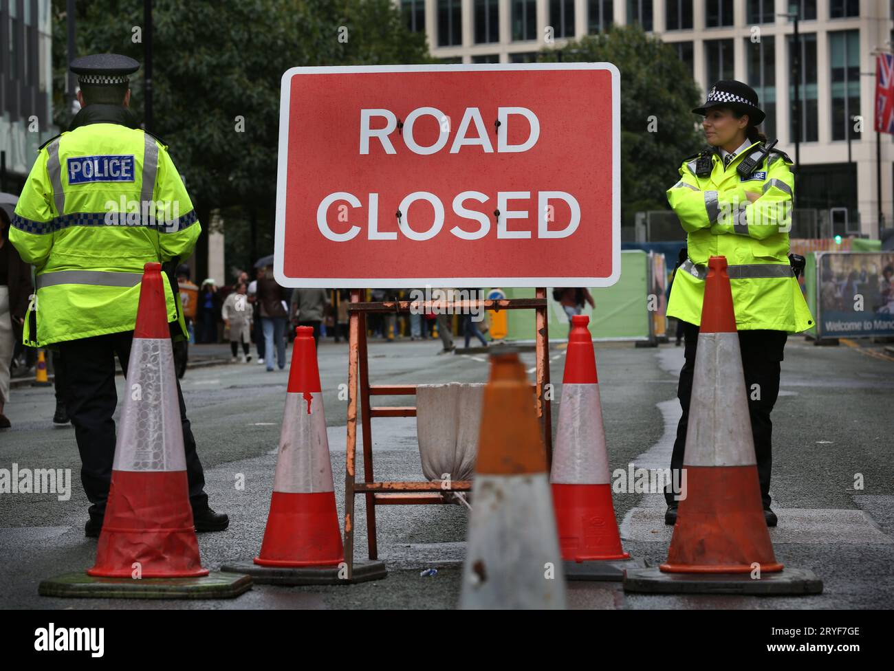 Manchester, UK. 30th Sep, 2023. Police officers stand by a sign that ...