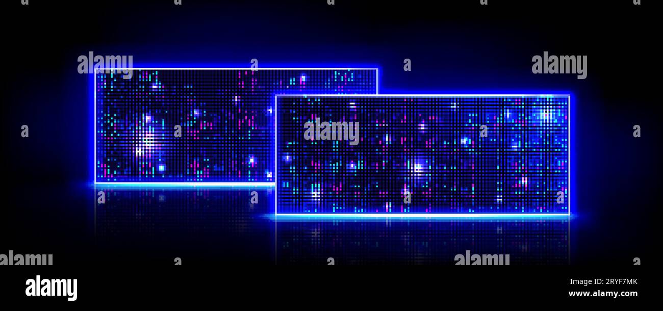 Led screen pixel light display stage background. Blue neon tv monitor grid pattern. Abstract ...