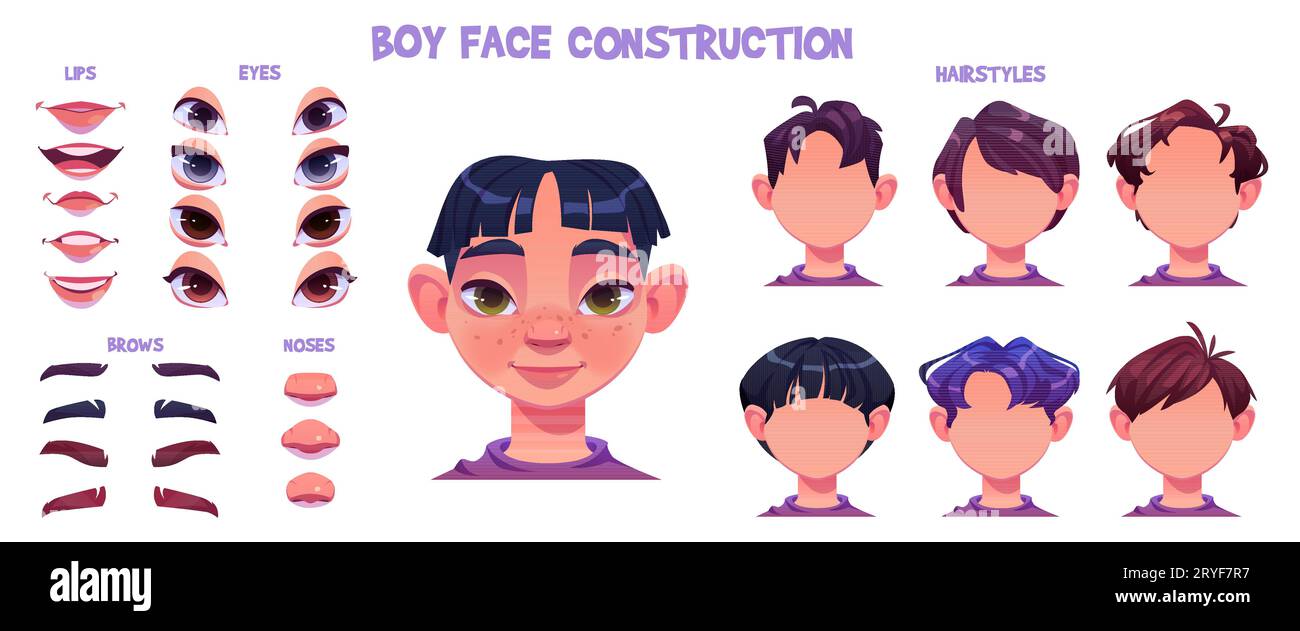 Asian teen boy face construction set isolated on white background ...