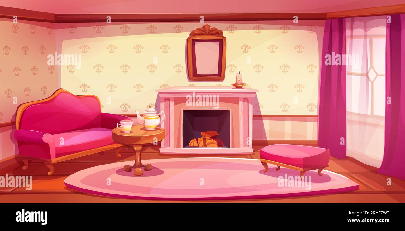 Victorian style living room interior with pink furniture and fireplace ...