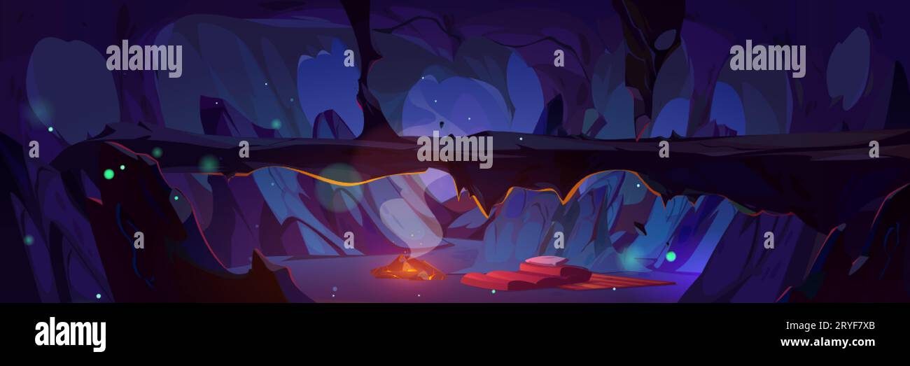 Cave shelter with fire and mat vector game background. Underground mine ...