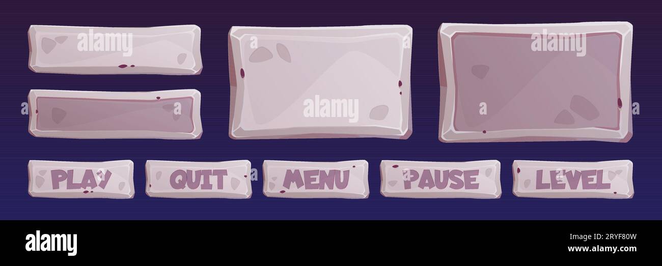 Rock frame ui board button, stone texture game interface cartoon vector set. Medieval gui plate ...