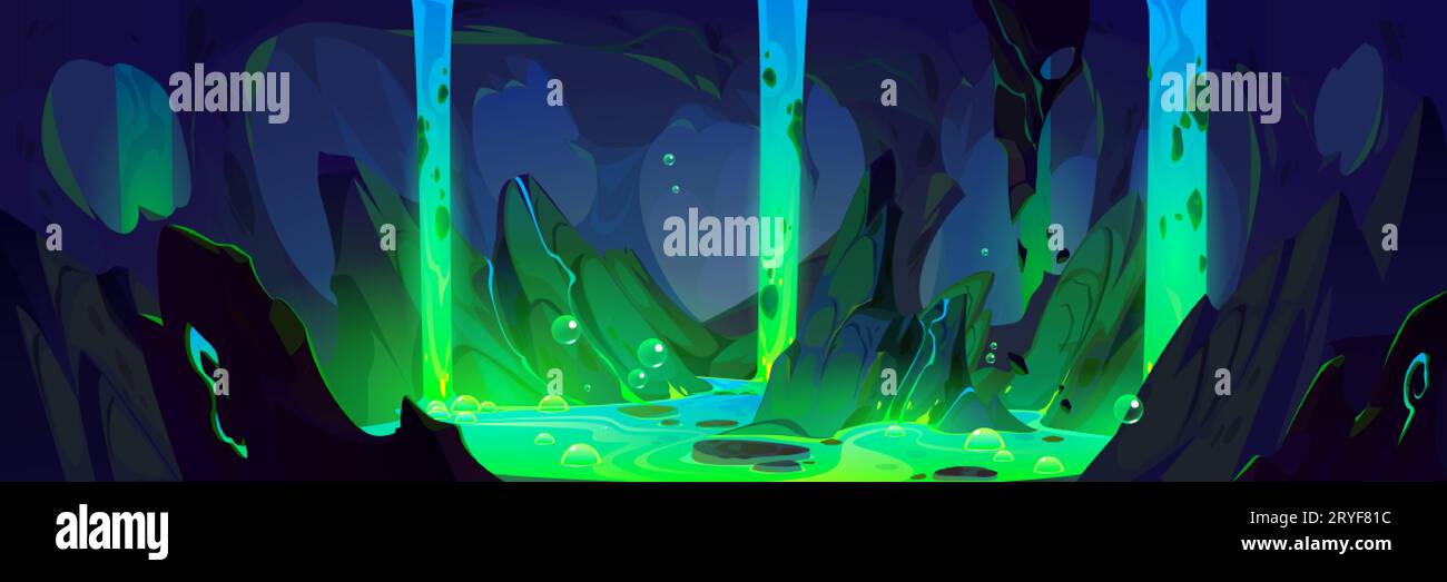 Dark toxic game cave inside cartoon background. Fantasy poisonous ...