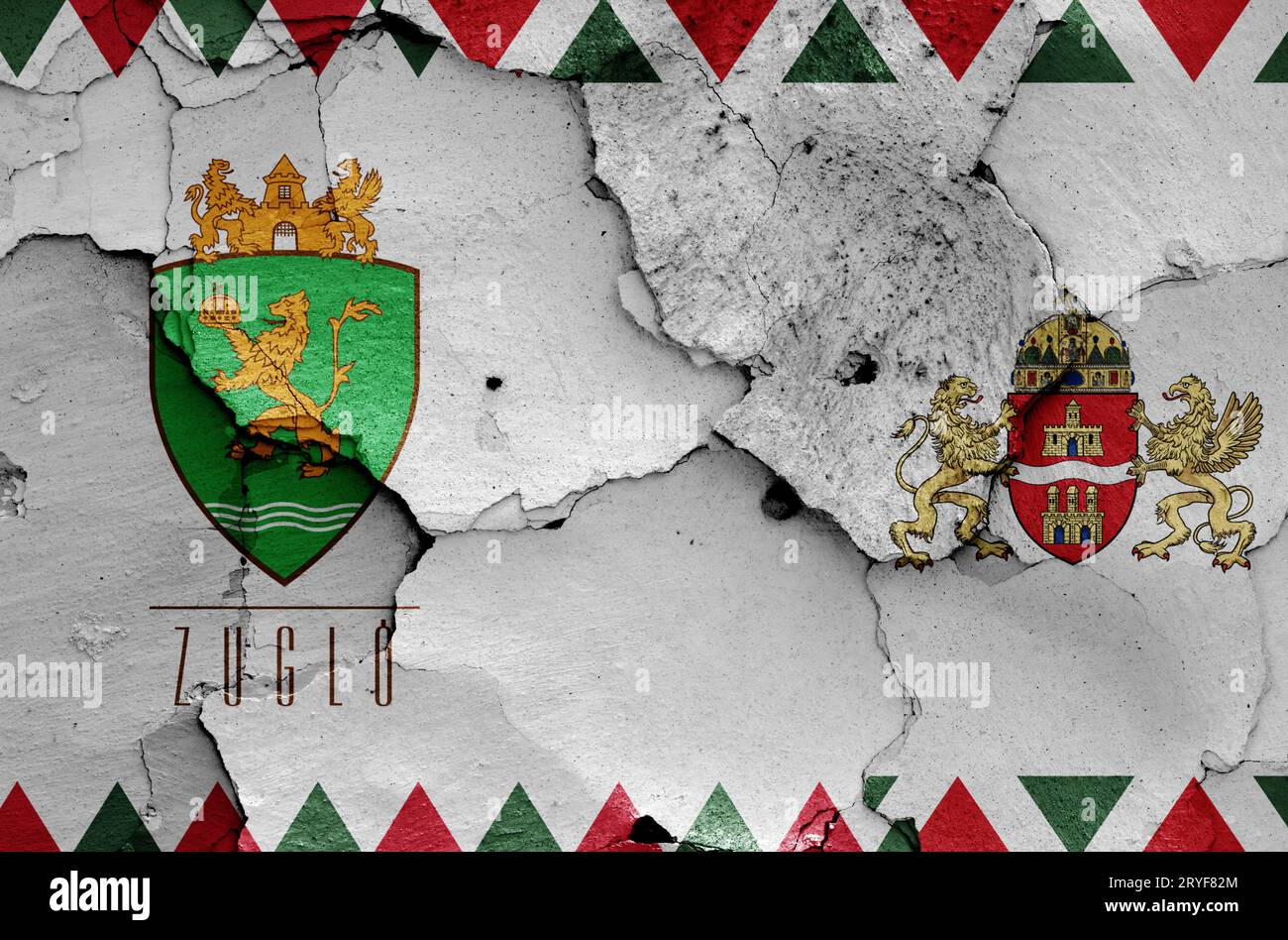Flags of District XIV. (Zuglo) and Budapest painted on cracked wall ...
