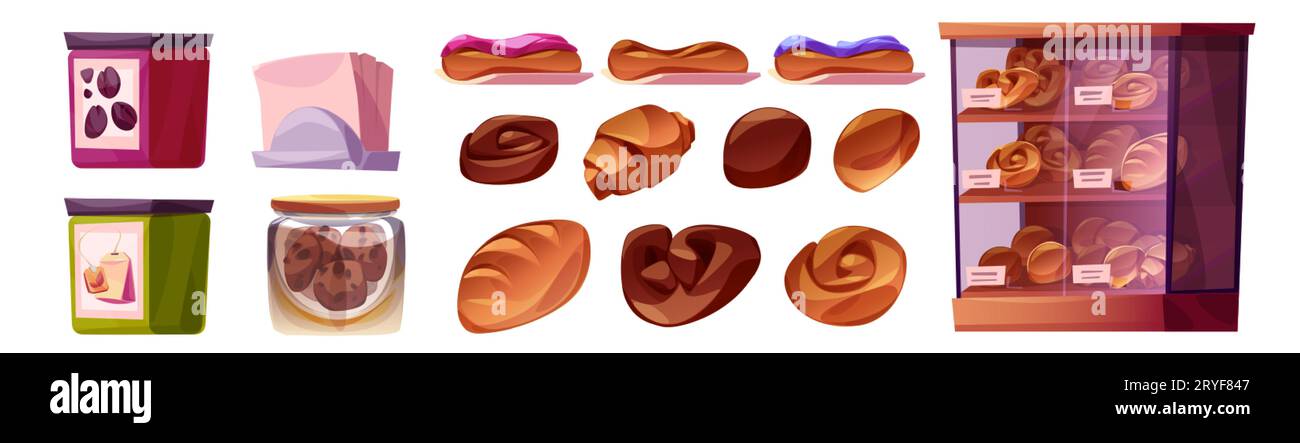 Bakery shop interior elements and pastries set - glass showcase with ...