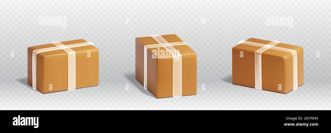 3d delivery cardboard box package. Isolated brown carton parcel icon vector set. Warehouse cargo ...