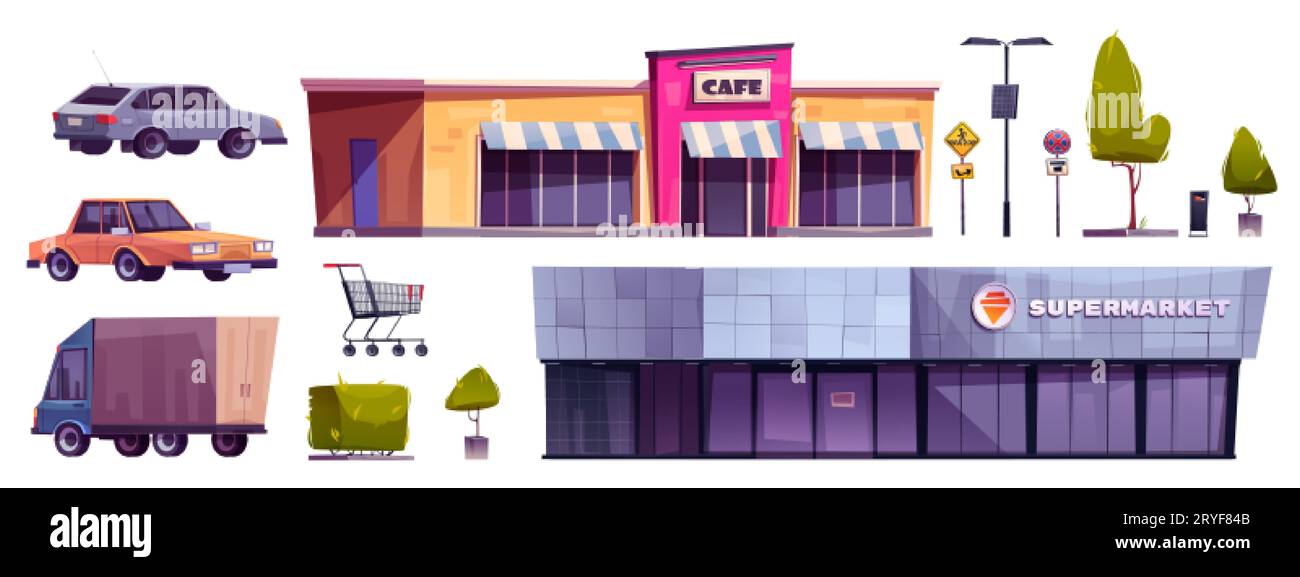 Supermarket parking design elements set isolated on white background ...