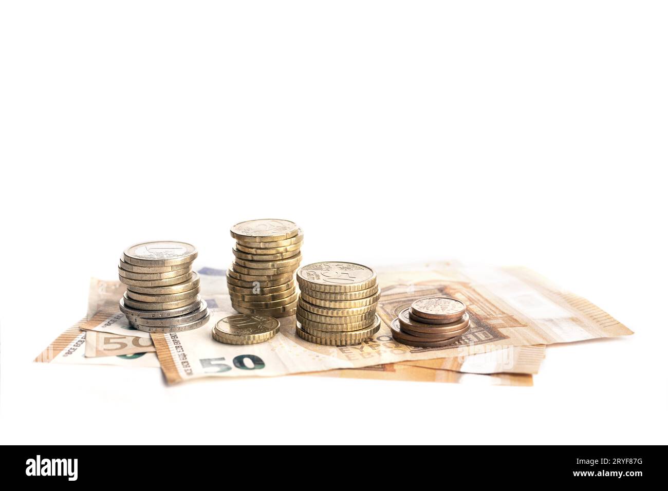 Euro banknotes and coins isolated on white background. European union ...