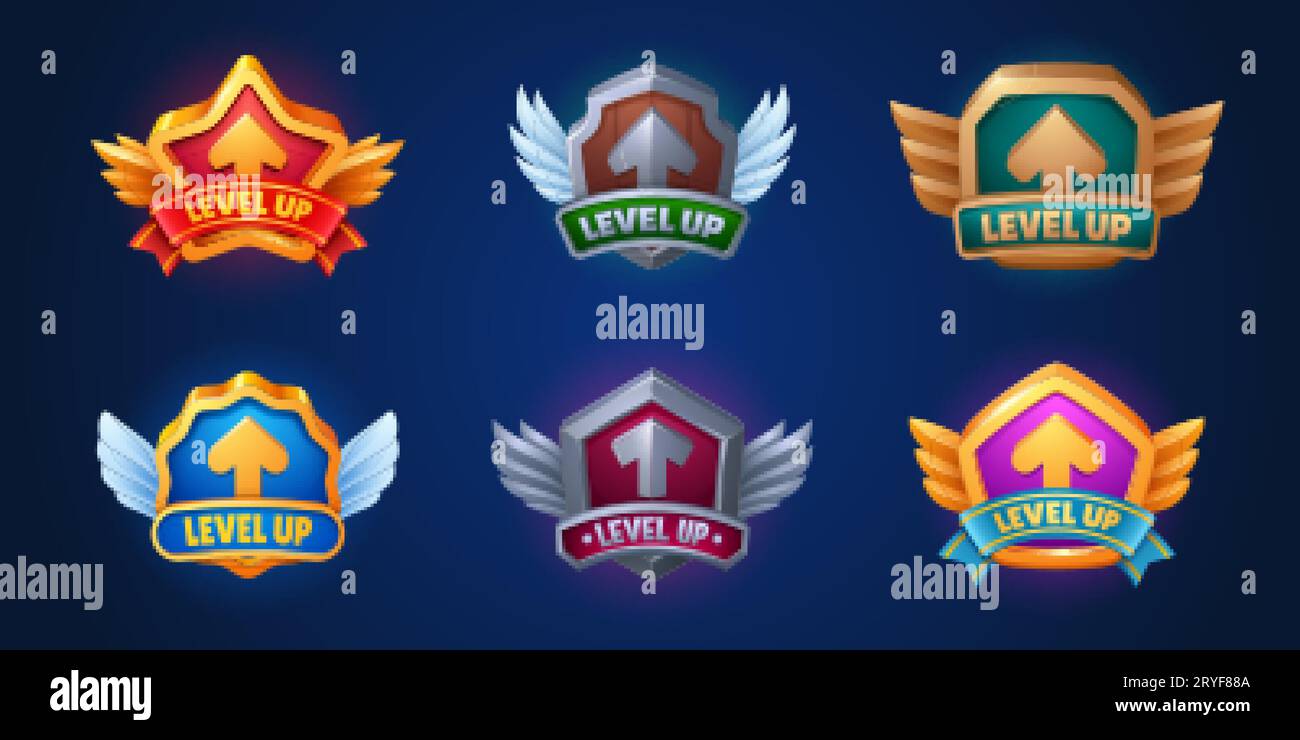 Level up award ui game badge icon vector medal set. Gold trophy reward design for casino ...