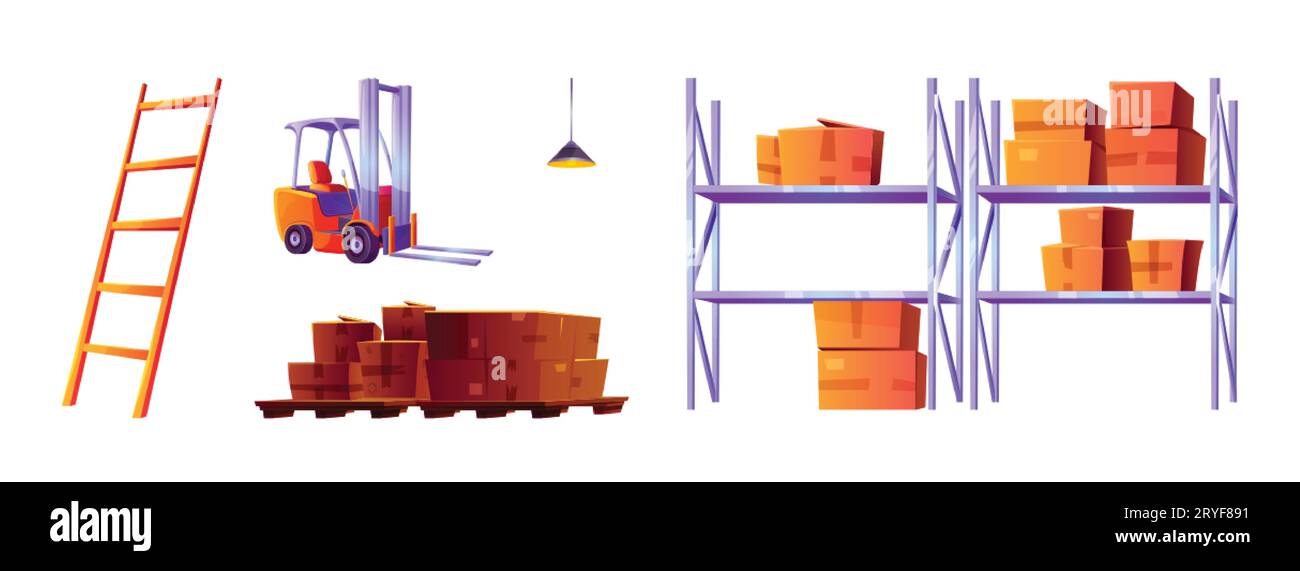 Warehouse interior with box and pallete vector. Forklift and rack ...