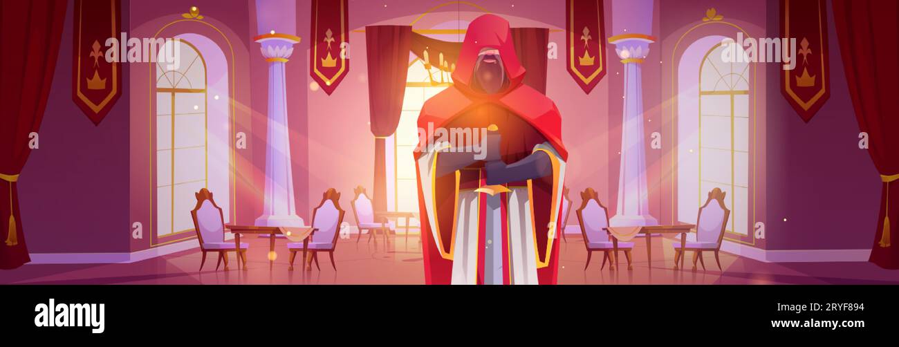 Warrior in castle dining room with table and royal chair. Medieval ...