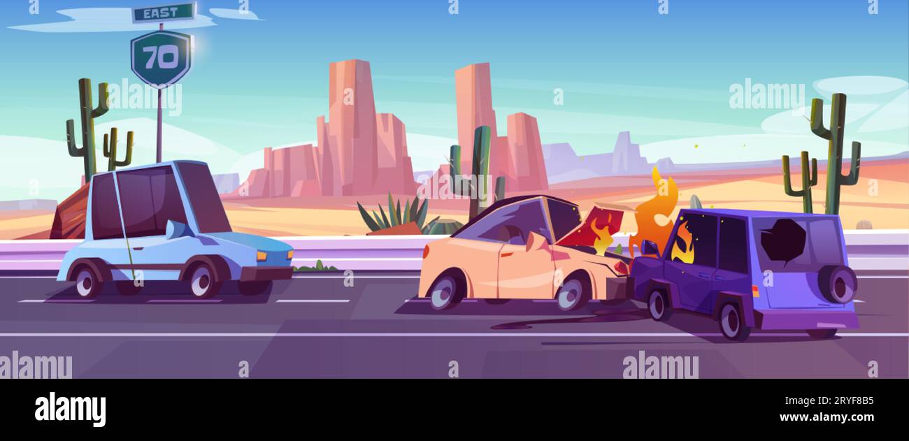 Car crash on canyon desert highway. Vector cartoon illustration of two ...