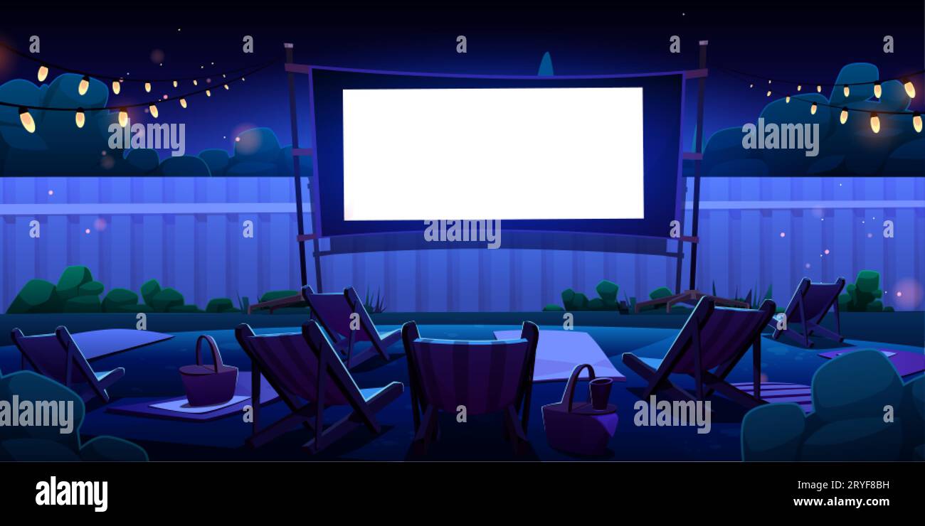 Open air backyard outdoor cinema screen at night cartoon illustration ...