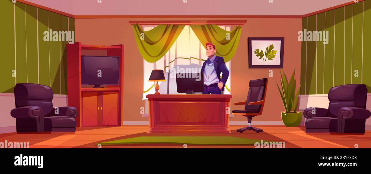 School principal office room with desk cartoon vector background. Man boss character on luxury ...
