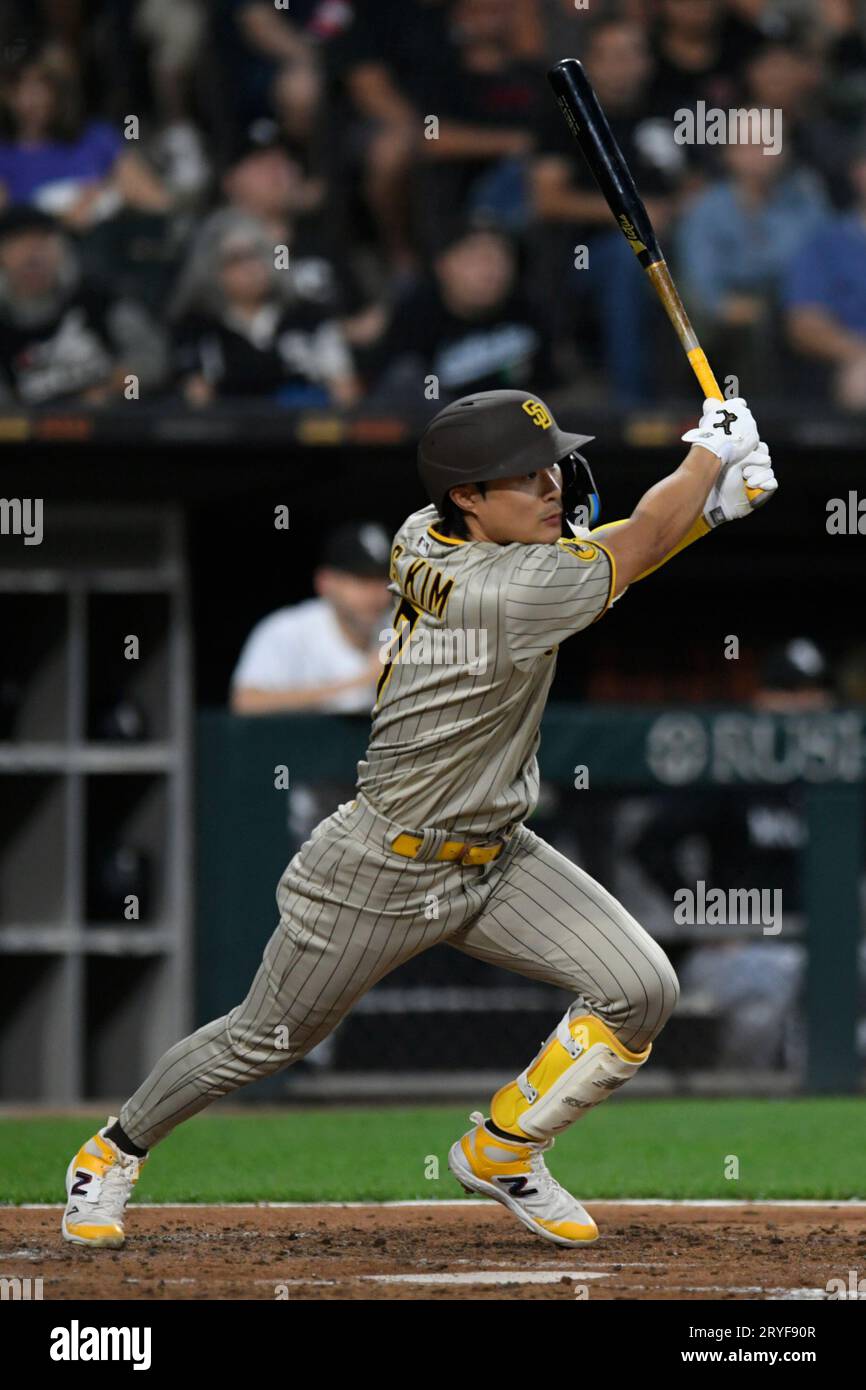 San Diego Padres' Ha-Seong Kim watches his single during the second ...