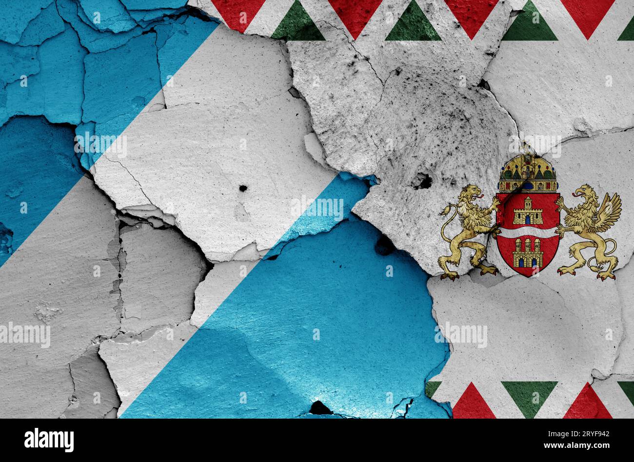 Flags of District XIX. (Kispest) and Budapest painted on cracked wall ...