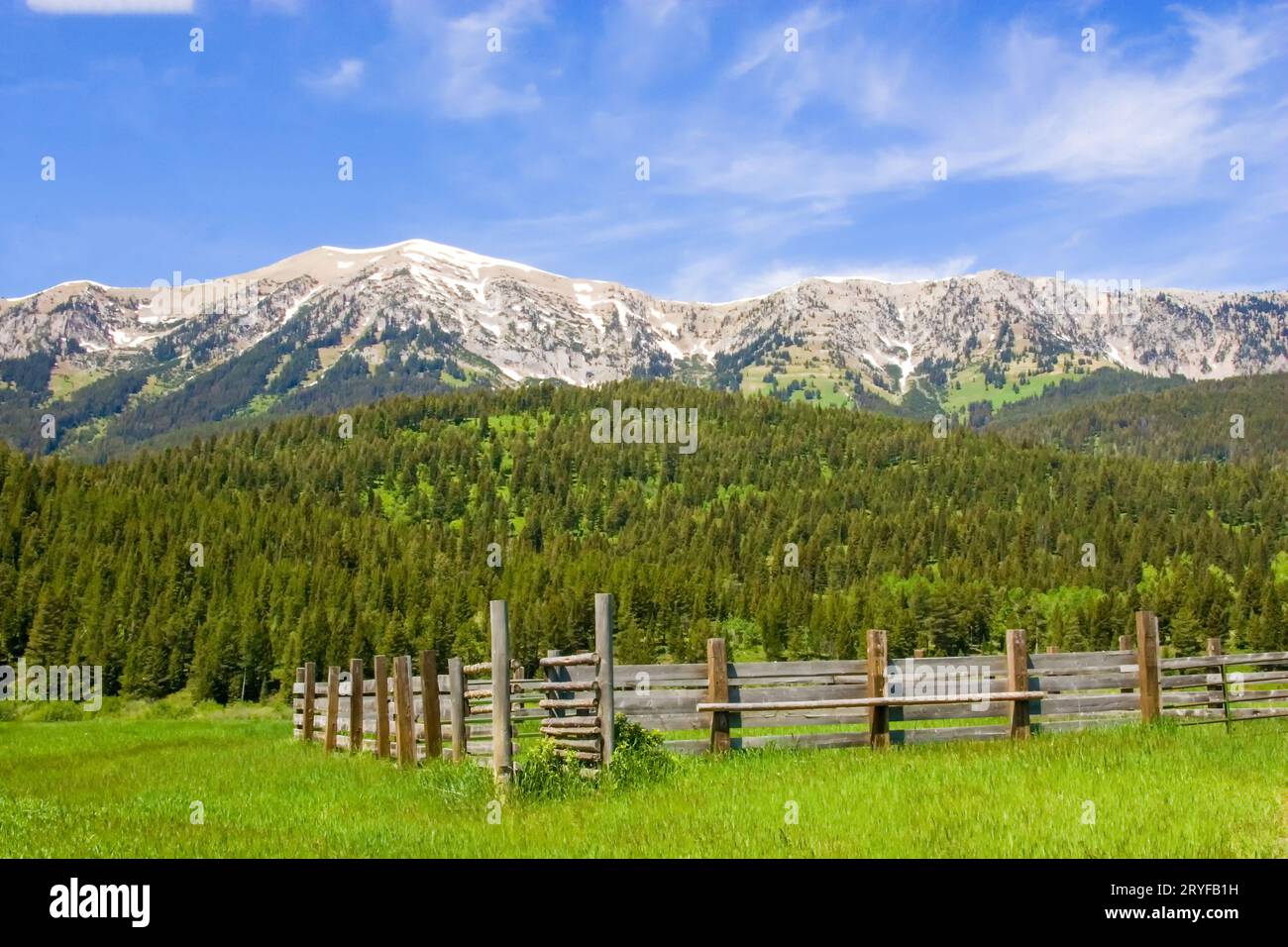 Bozeman, Montana, USA. Bridger Mountains landscape with wooden corral ...