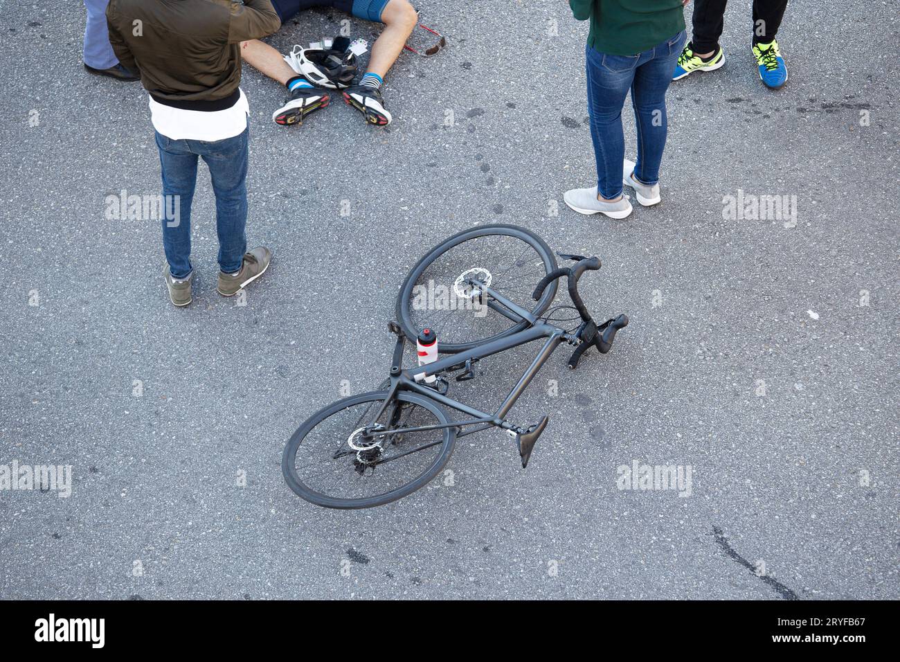 Bicycle accident on the road. Scene of cyclist and bicycle on the ...