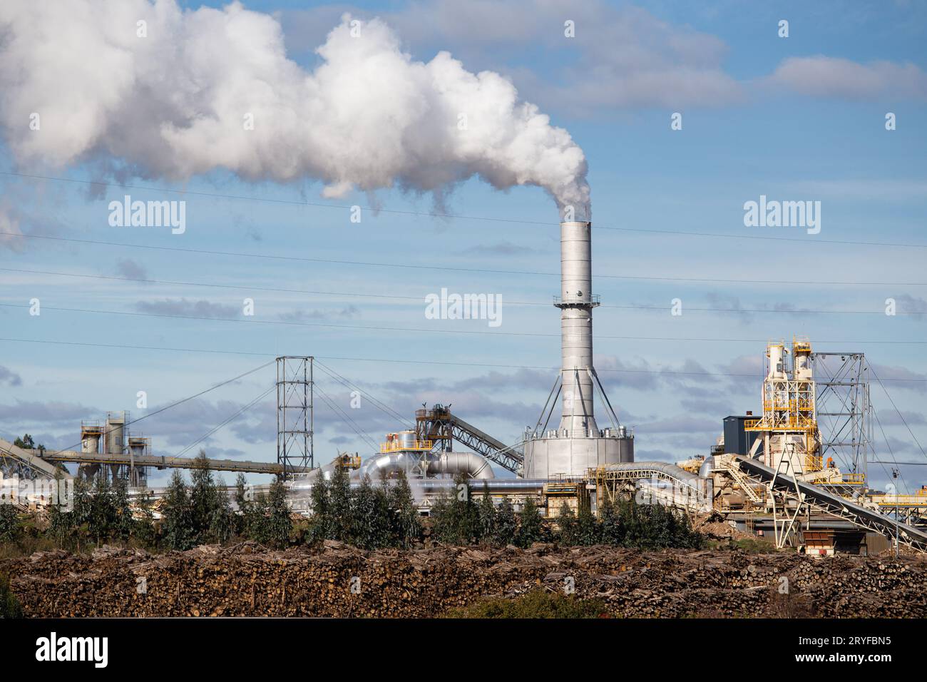 Industrial wood Factory with pipe emitting smoke and stacked logs ...