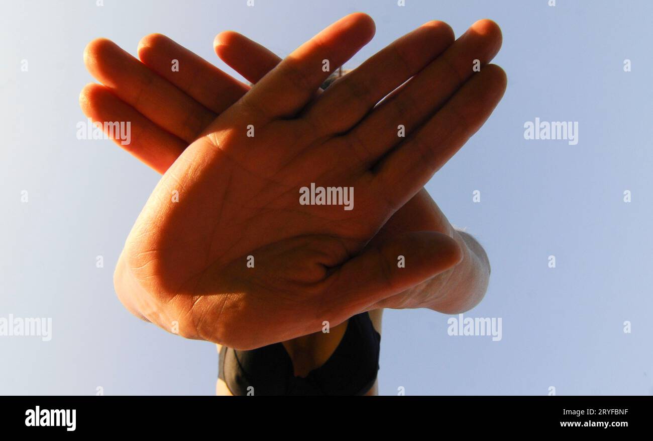 Defense position signaling no and unwanted behavior Stock Photo - Alamy