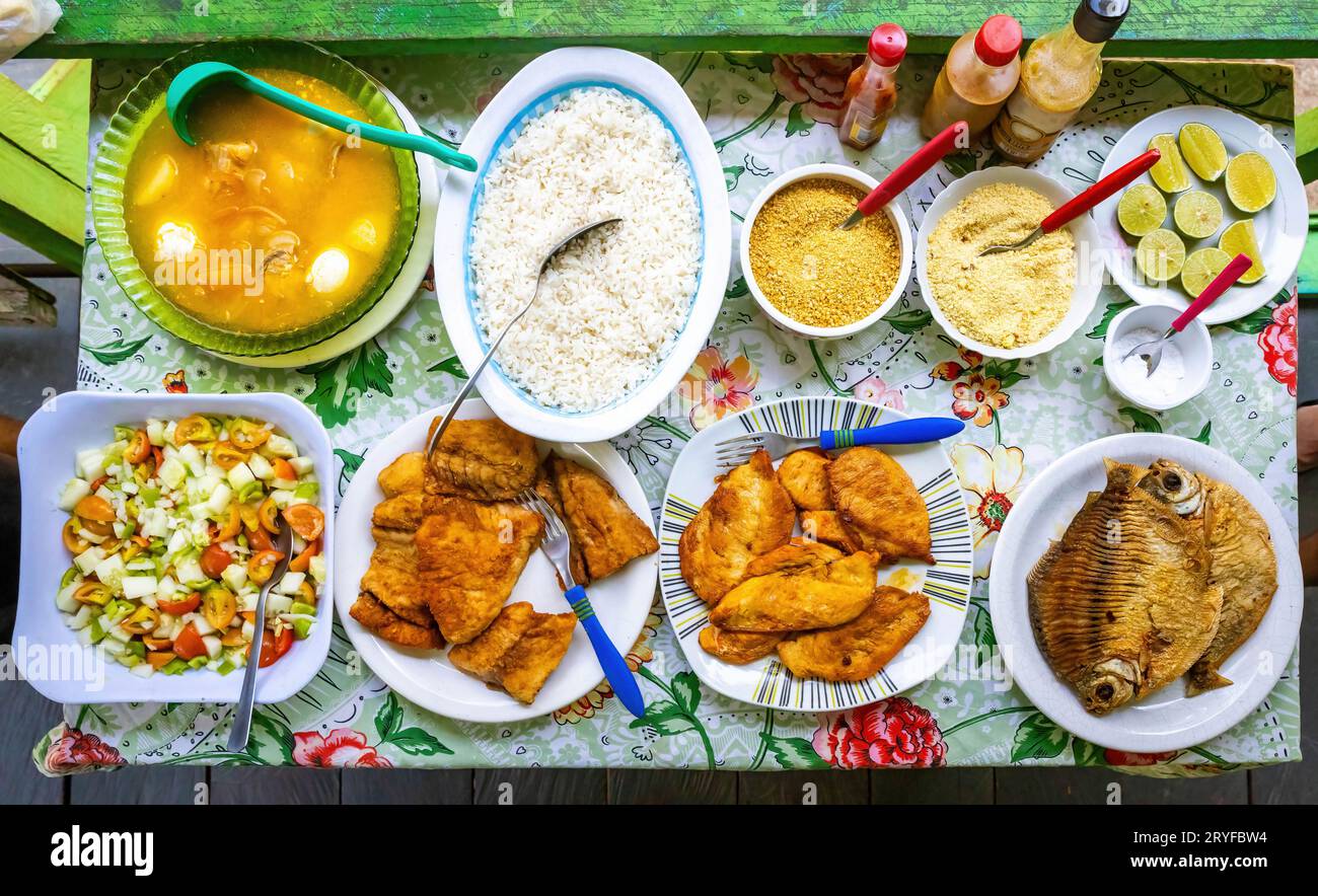 Traditional south American Amazon rainforest fish meal on table Stock ...