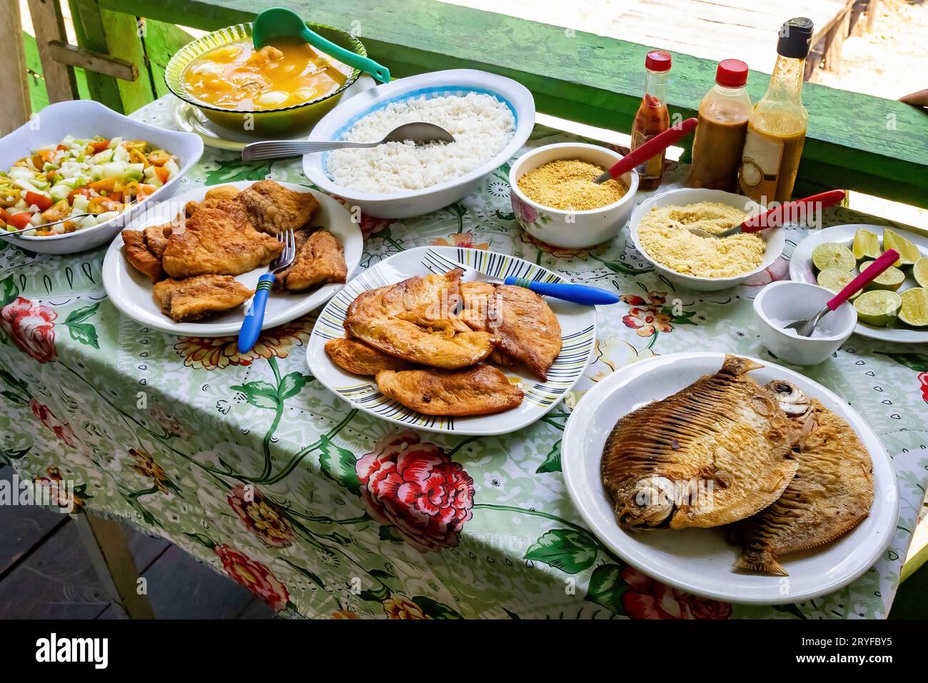 Traditional south American Amazon rainforest fish meal on table Stock ...