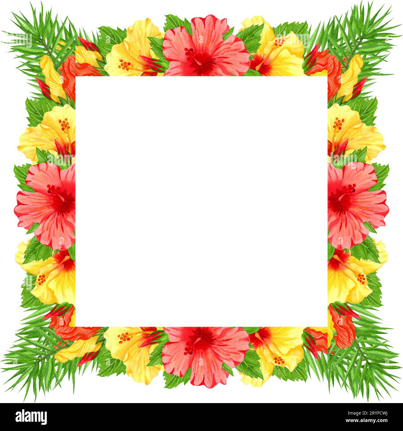 Watercolor frame with red and yellow hibiscus flowers. Hand drawn ...